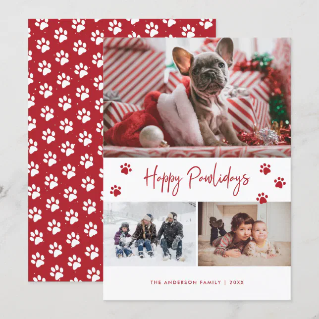 Red Paw Print 3 Photo Collage Happy Pawlidays Pet Holiday Card | Zazzle