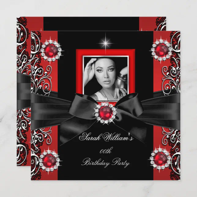 Red Pearls Birthday Party Black Silver Photo Invitation | Zazzle