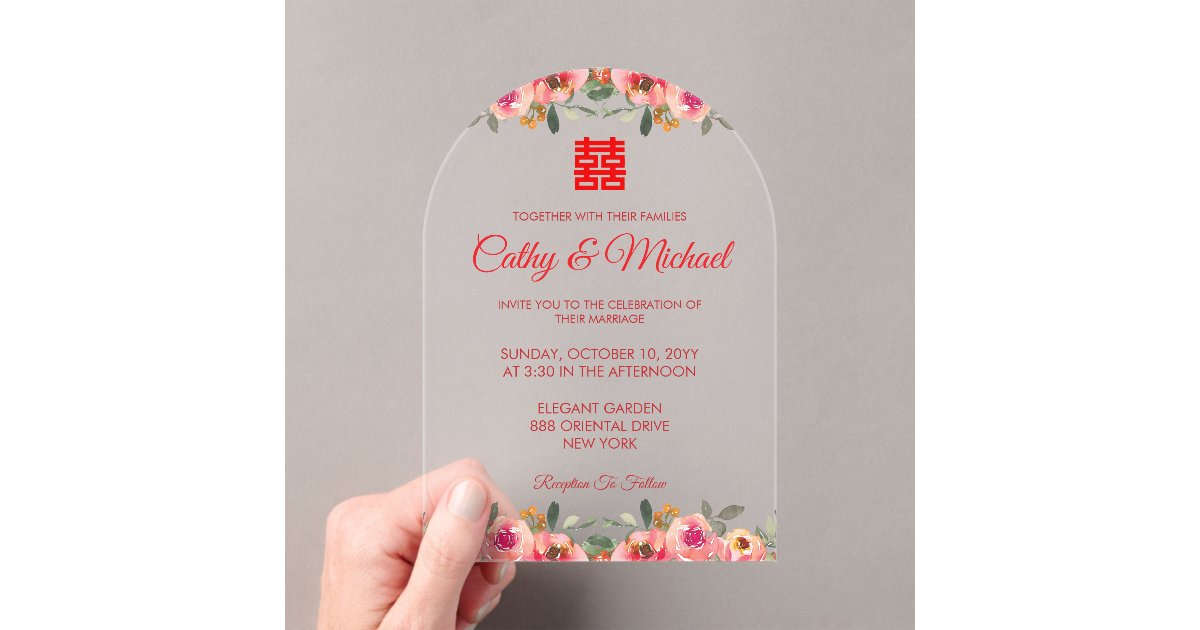 Red peony floral Chinese wedding double happiness Acrylic Invitations ...