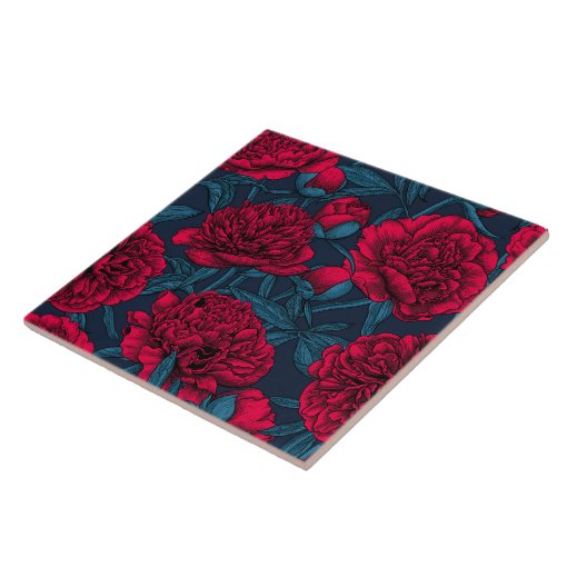Red peony garden on dark blue ceramic tile | Zazzle