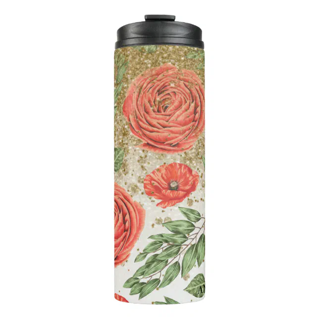 Red PEONY POPPY Gold Glitter Floral Thermal Tumbler | Zazzle