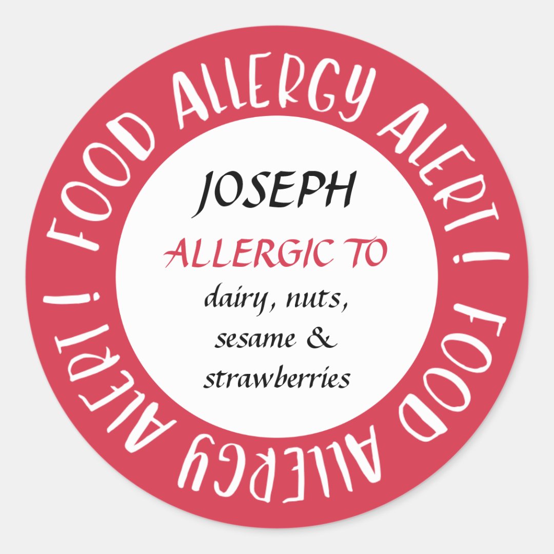 Red Personalized Food Allergy Alert Customized Classic Round Sticker ...