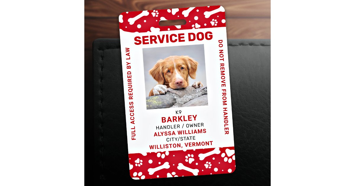 Red Personalized Paw Prints Service Dog Photo ID Badge | Zazzle