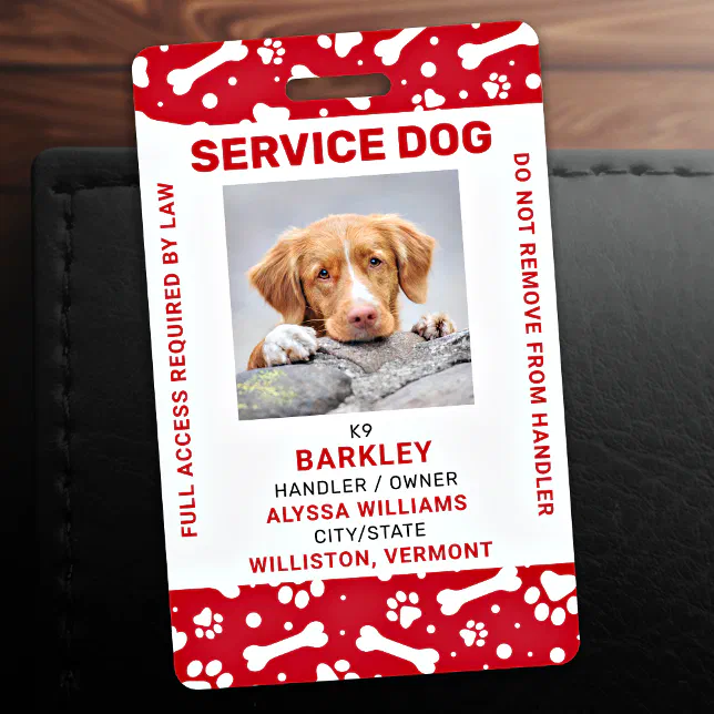Red Personalized Paw Prints Service Dog Photo ID Badge | Zazzle