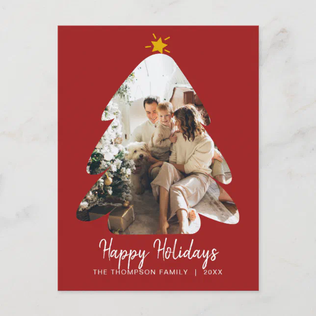 Red Photo Christmas Tree Happy Holidays Script Postcard | Zazzle