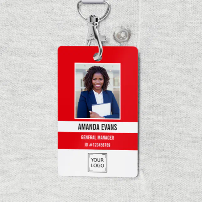 RED | Photo Employee Logo or QR CODE Security Badge | Zazzle