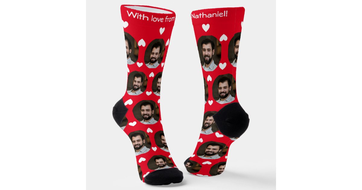 Red Photo of Boyfriend Heart Custom Text Socks | Zazzle