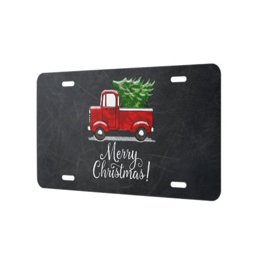 Red Pickup Truck Tree Merry Christmas Country License Plate | Zazzle