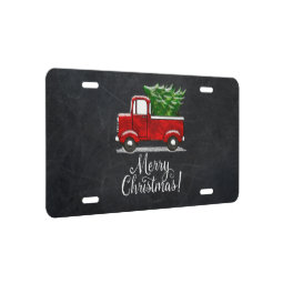 Red Pickup Truck Tree Merry Christmas Country License Plate | Zazzle