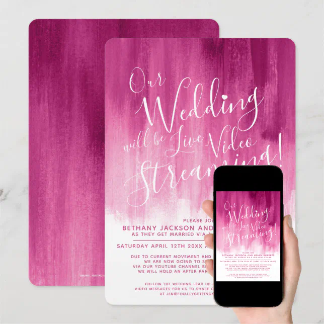Red pink abstract art live streaming wedding invitation | Zazzle