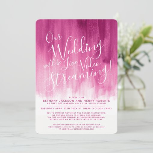 Red pink abstract art live streaming wedding invitation | Zazzle