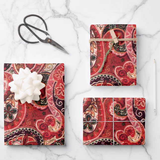 Red, Pink and Black Vintage Paisley Floral Wrapping Paper Sheets | Zazzle