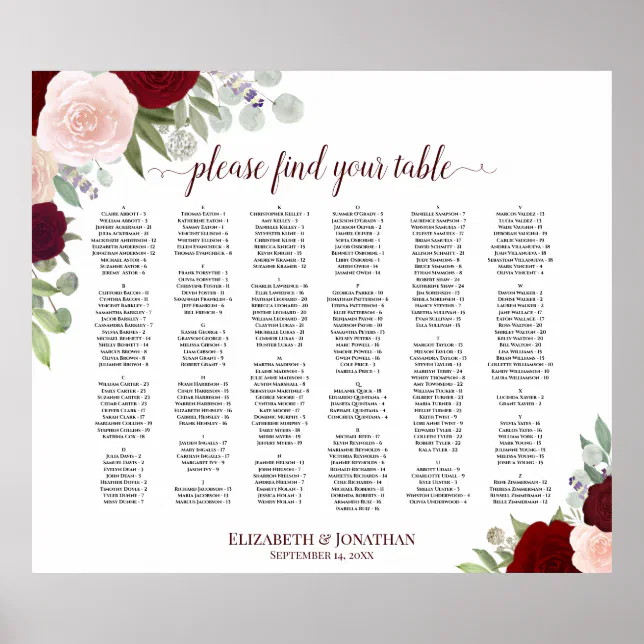 Red & Pink Boho Roses Alphabetical Seating Chart | Zazzle