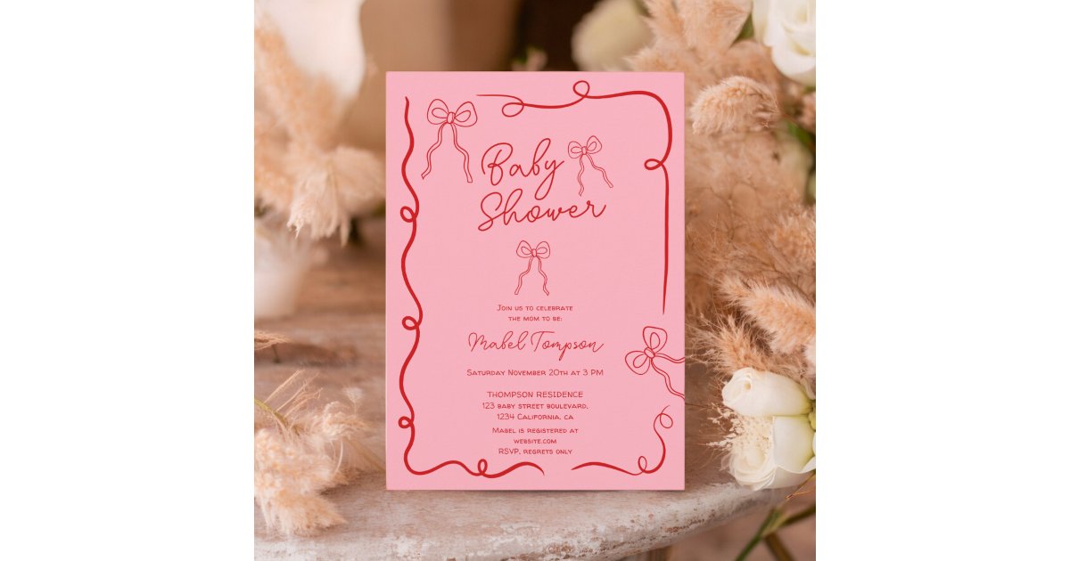 Red pink bows ribbon illustrations Baby shower Invitation | Zazzle