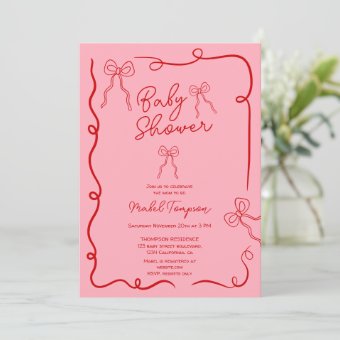 Red pink bows ribbon illustrations Baby shower Invitation | Zazzle