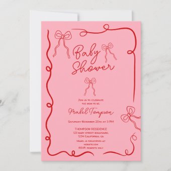 Red pink bows ribbon illustrations Baby shower Invitation | Zazzle