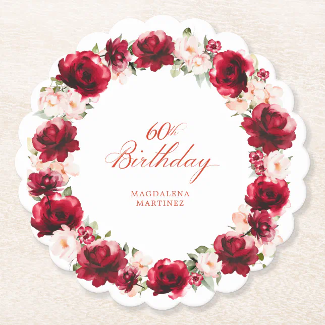 Red Pink Floral 60th Birthday Party Personalized Paper Coaster | Zazzle