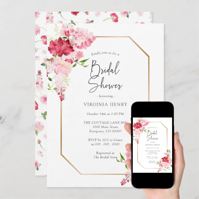 Red Pink Floral Bridal Shower Invitation | Zazzle