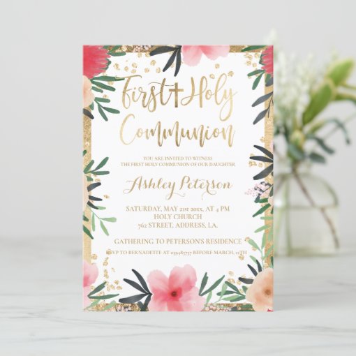 Red Pink floral gold border First Holy Communion Invitation | Zazzle