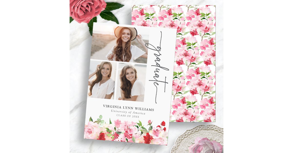 Red Pink Floral Graduation Announcement | Zazzle