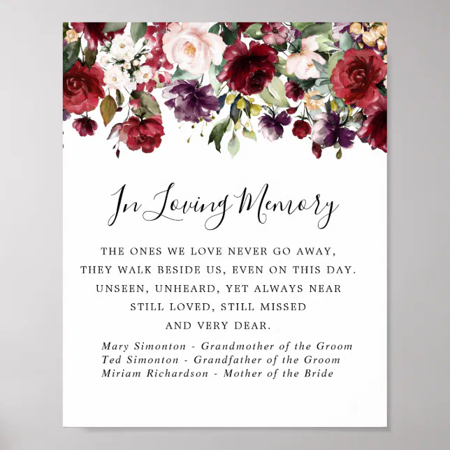 Red Pink Floral Wedding Memorial Sign | Zazzle