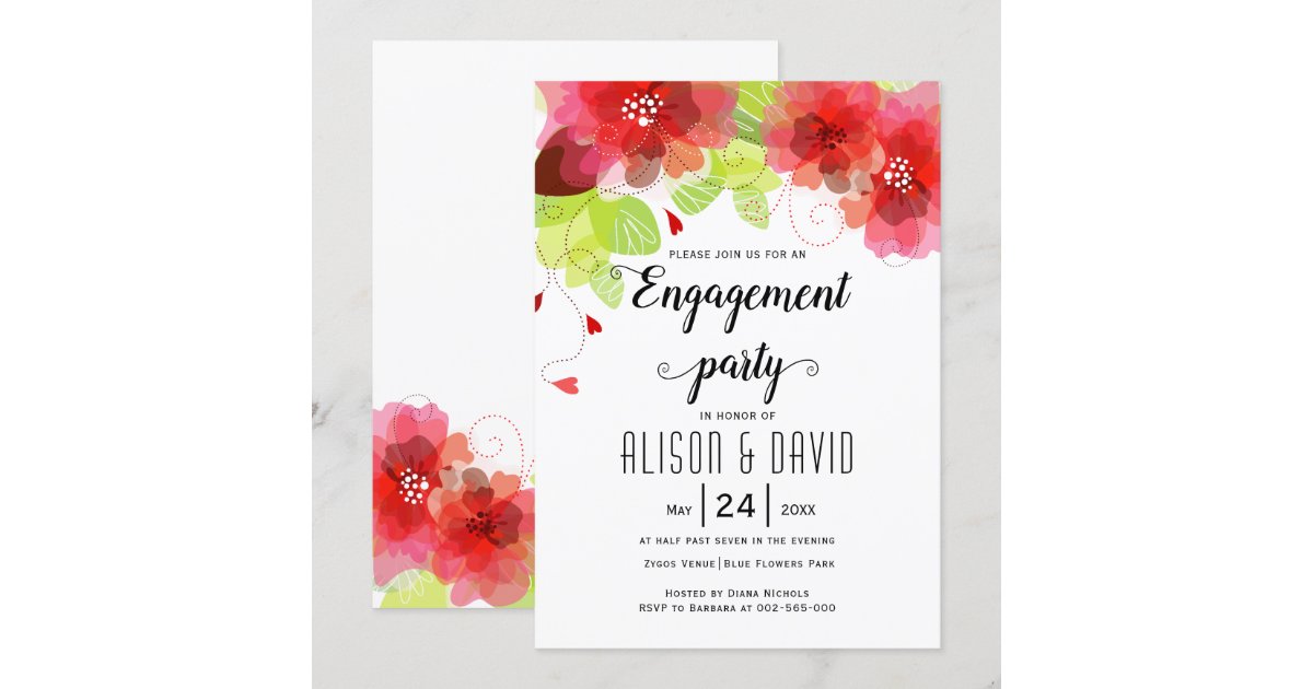 Red, pink flowers wedding engagemnet party invitation | Zazzle