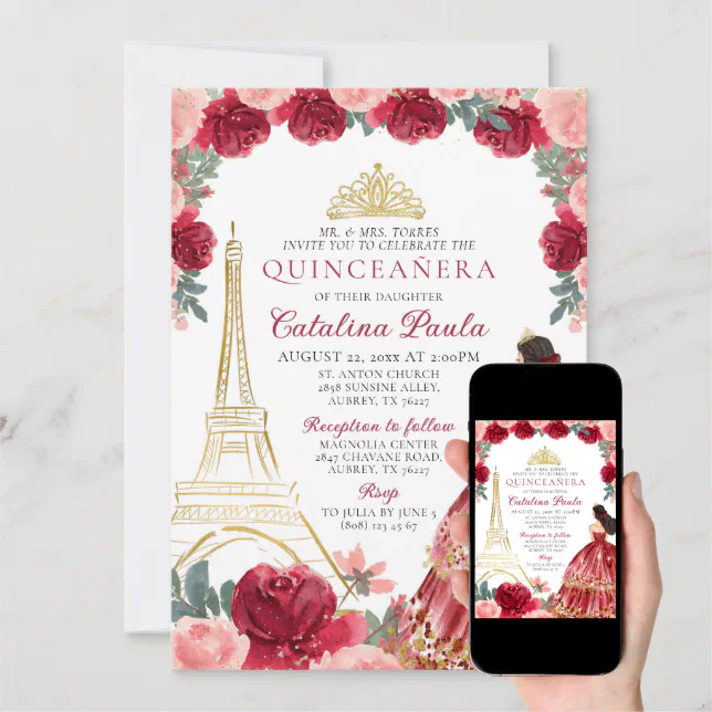 Red Pink Gold Tiara Paris Quinceañera Invitation | Zazzle