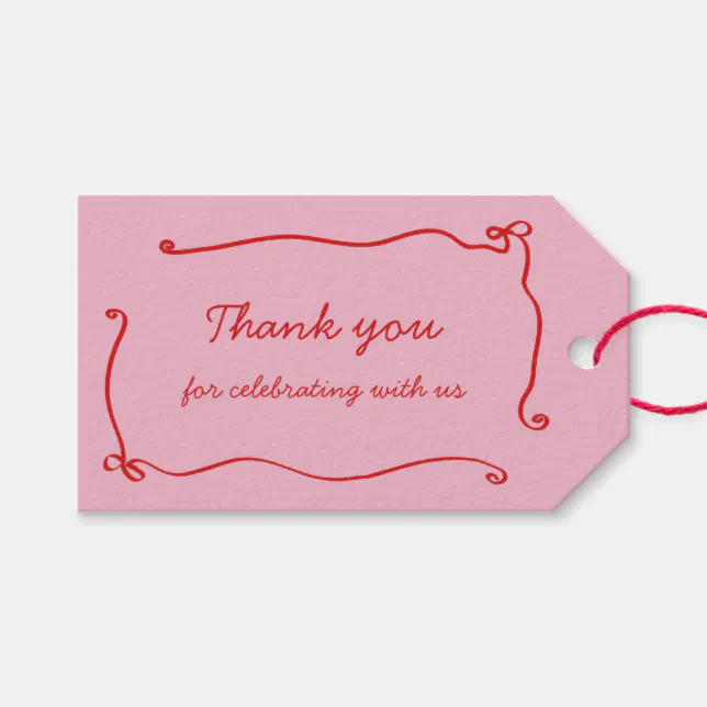 Red Pink Handwritten Bow Frame Thank you Gift Tags | Zazzle