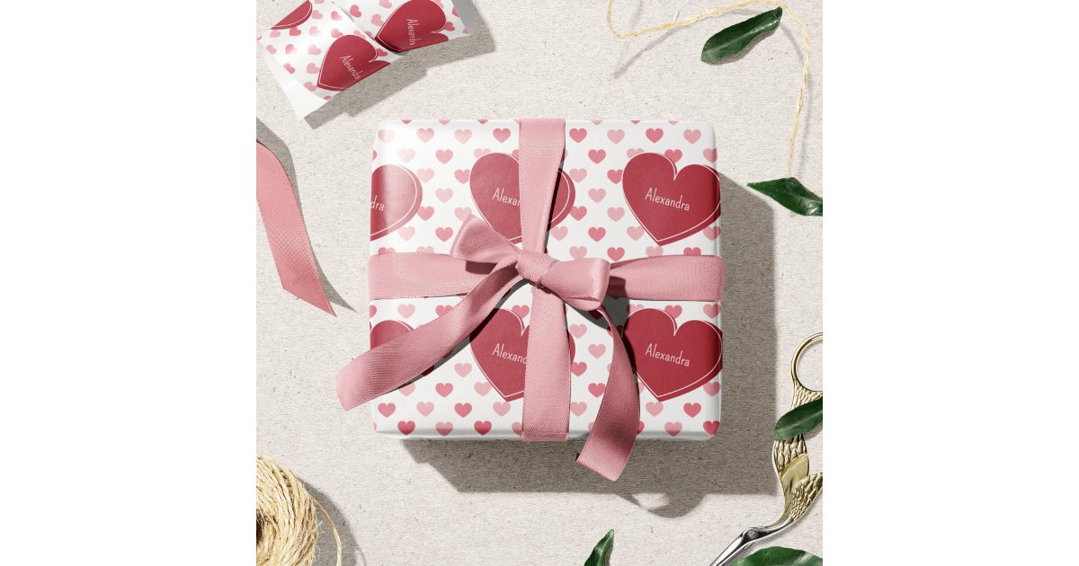 Red + Pink Hearts Pattern w/ Name Valentine's Day Wrapping Paper | Zazzle