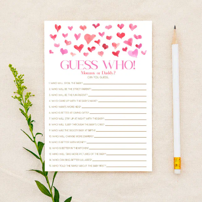 Red Pink Hearts Themed Guess Who! Baby Shower Game Stationery | Zazzle