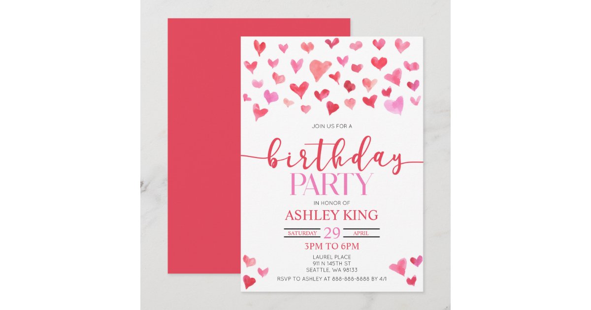Red Pink Hearts Valentine Birthday Party Invitation | Zazzle