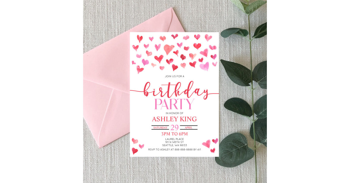 Red Pink Hearts Valentine Birthday Party Invitation | Zazzle