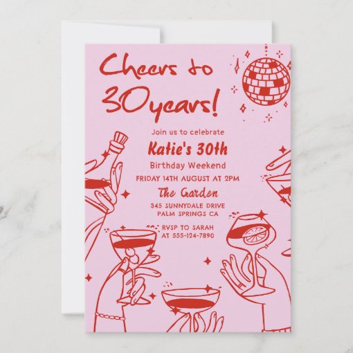 Red Pink Retro Hand Drawn Funky 30th Birthday Invitation | Zazzle