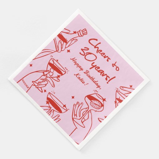 Red Pink Retro Handdraw Funky Cocktail Birthday Paper Dinner Napkins ...