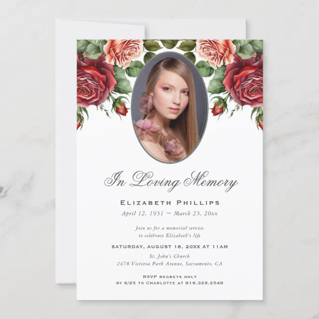 Red Pink Roses Floral Photo Memorial Service Invitation | Zazzle