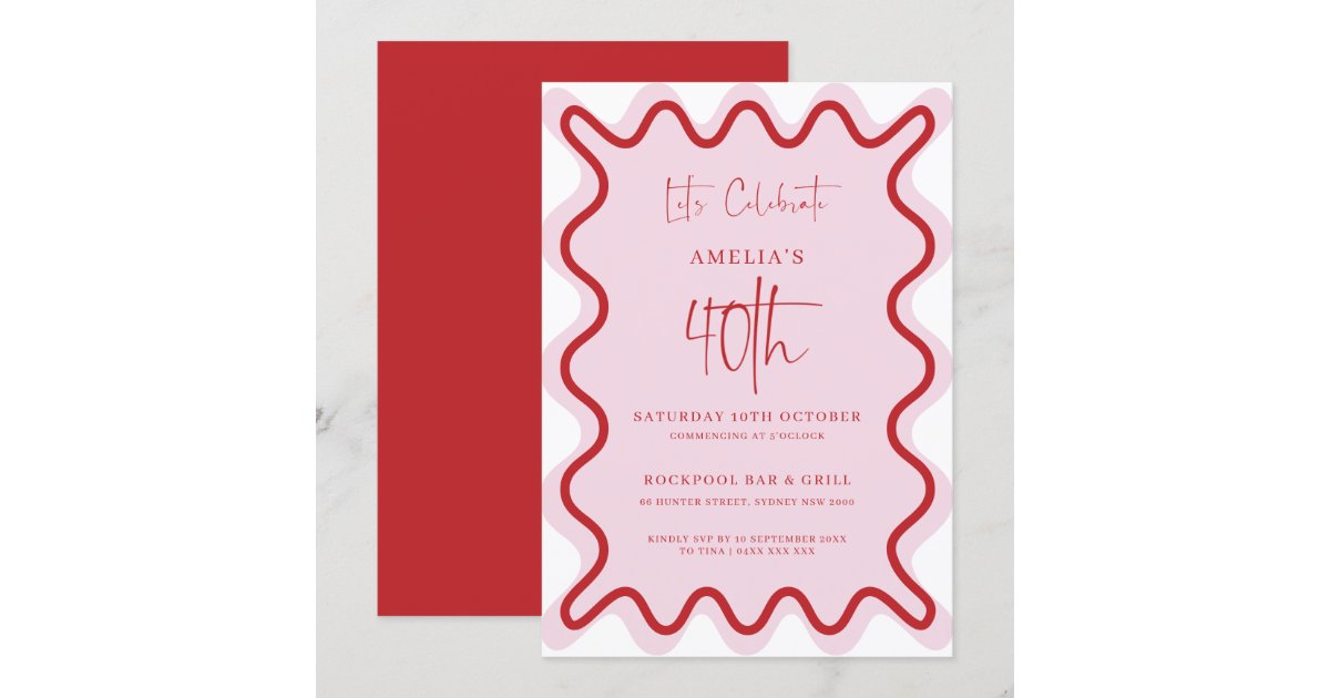 Red Pink Wavy Border 40th Birthday Invitation | Zazzle