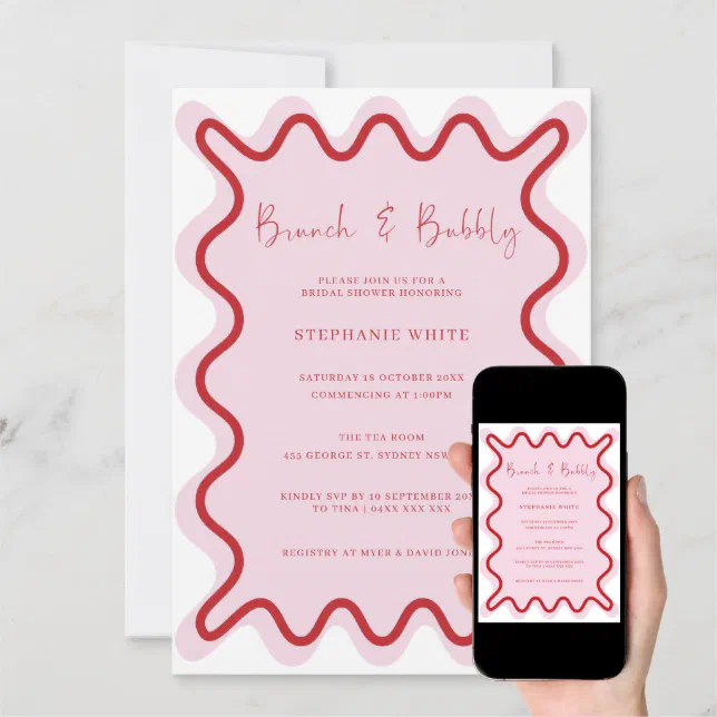Red Pink Wavy Border Brunch and Bubbly Invitation | Zazzle