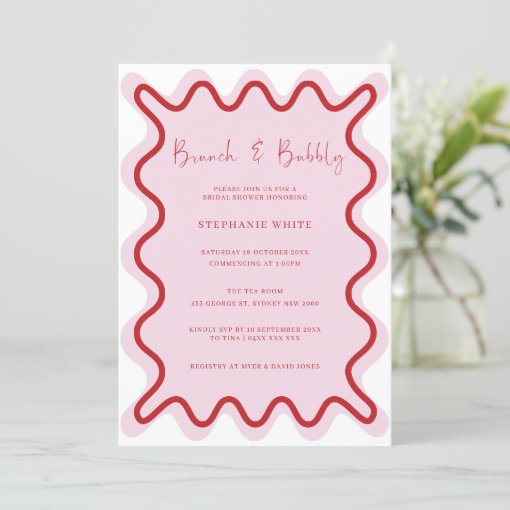 Red Pink Wavy Border Brunch and Bubbly Invitation | Zazzle