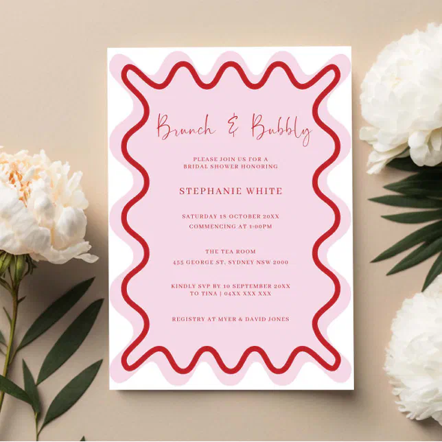 Red Pink Wavy Border Brunch and Bubbly Invitation | Zazzle