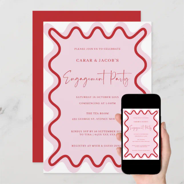 Red Pink Wavy Border Engagement Party Invitation | Zazzle