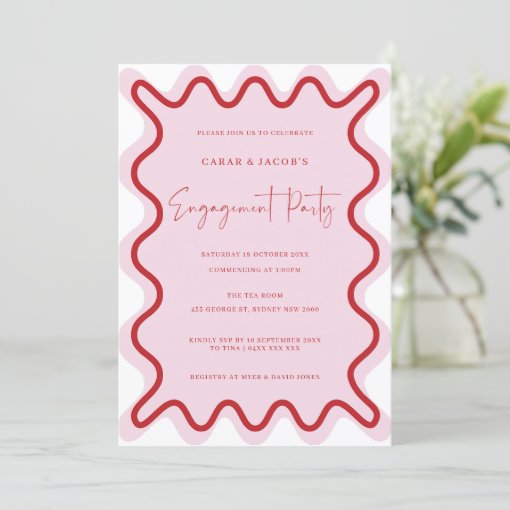 Red Pink Wavy Border Engagement Party Invitation | Zazzle