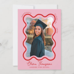 Red Pink Wavy Photo Frame Graduation Invitation | Zazzle