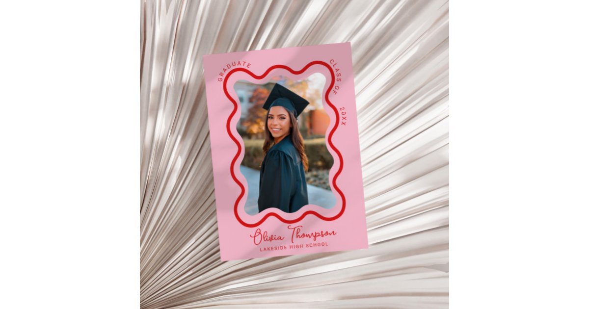 Red Pink Wavy Photo Frame Graduation Invitation | Zazzle