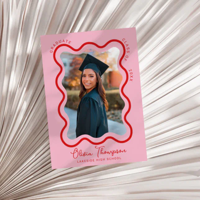 Red Pink Wavy Photo Frame Graduation Invitation | Zazzle