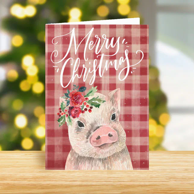 Red Plaid Christmas Pig Holiday Card | Zazzle
