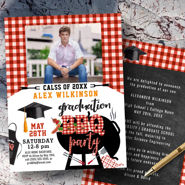 Red Plaid Graduation BBQ Party Photo Invitation | Zazzle