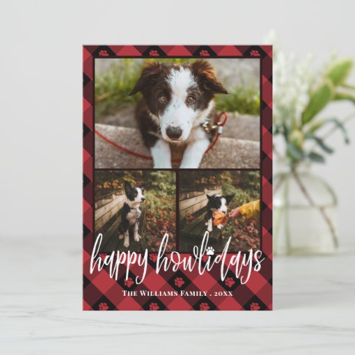 Red Plaid Happy Howlidays Dog Photo Collage Holiday Card | Zazzle