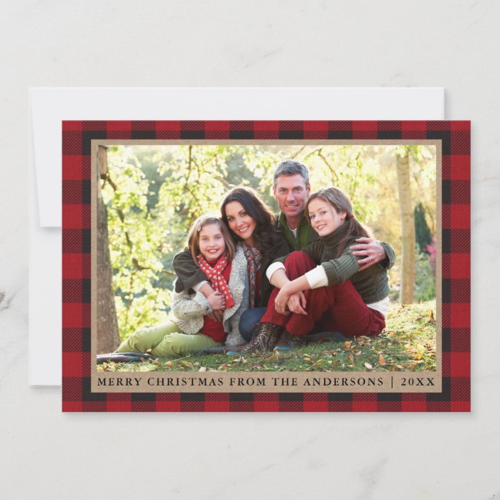 Red Plaid Merry Christmas Kraft Family Photo Holiday Card | Zazzle