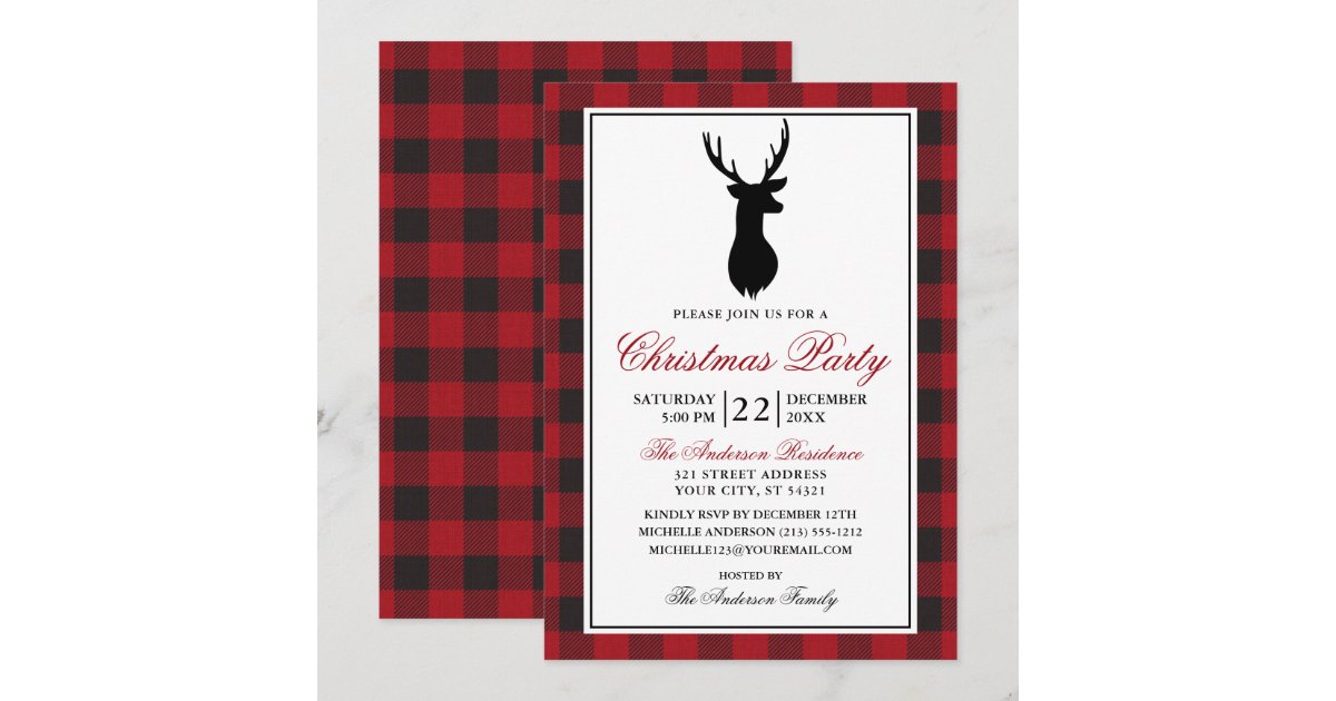 Red Plaid Rustic Christmas Party Invitation | Zazzle