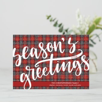 Red Plaid Script SEASONS GREETINGS Holiday Card | Zazzle